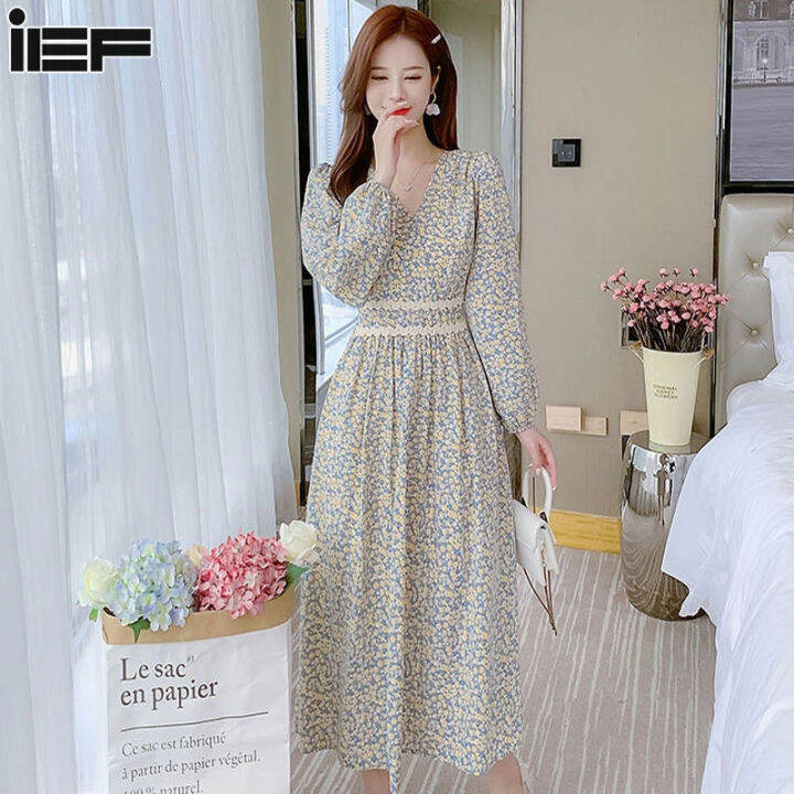 IEF ชุดดอกไม้ผู้หญิง2022ฝรั่งเศสคอวีเอวสลิมมิ่งเทพธิดากระโปรงยาว | Lazada.co.th