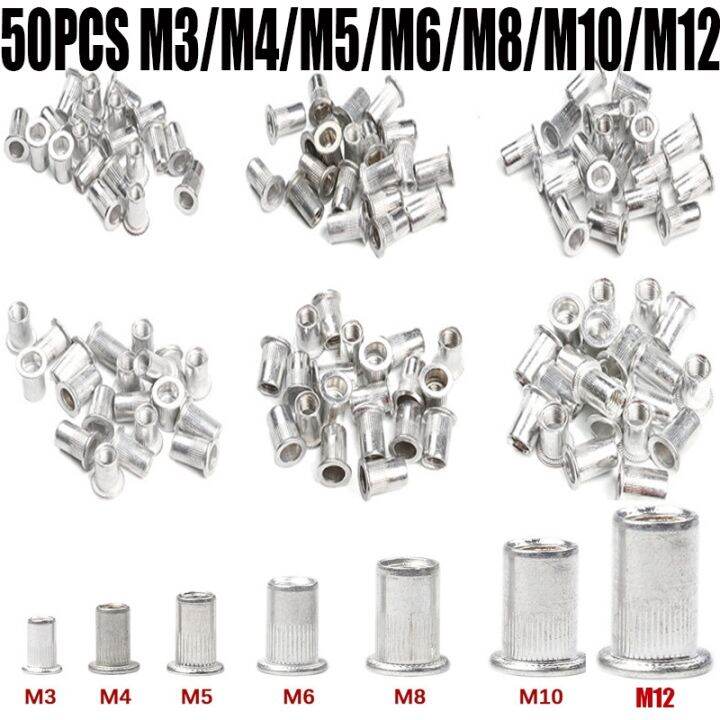 50Pcs Flat Head Rivet Nuts Set Aluminum Alloy Rivet Nuts M3 M4 M5 M6 M8 M10 M12 Nuts Insert ...