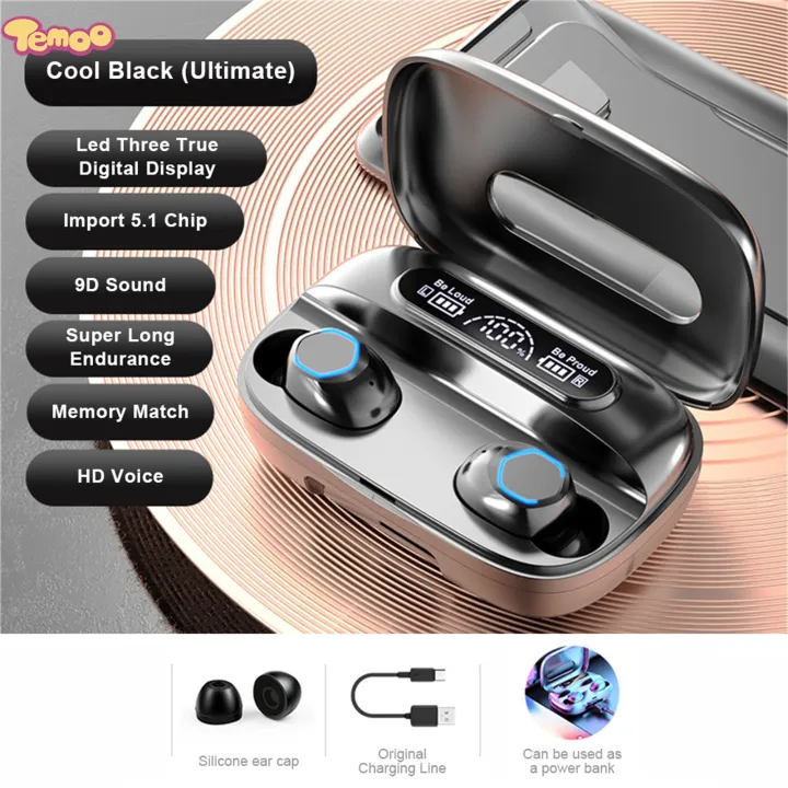 Temoo TWS หูฟังบลูทูธควบคุมแบบสัมผัส,หูฟังไร้สายพร้อมไมโครโฟนกีฬากันน้ำหูฟังไร้สาย9D หูฟัง ...