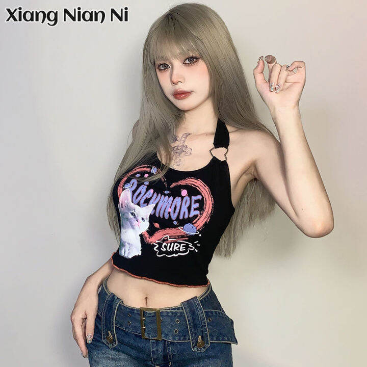 XIANG NIAN NI เสื้อครอปสำหรับผู้หญิงเสื้อเอวลอยพิมพ์ลายแมวเสื้อสายเดี่ยวคล้องคอยกทรงเย็บเสื้อยืด ...