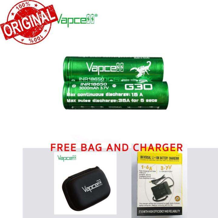 Vapcell G30 INR18650 3.7V 3000mAh 2 ก้อน สีเขียว ของแท้ ฟรีกระเป๋าใส่ถ่านและเครื่องชาร์จ รุ่น ...