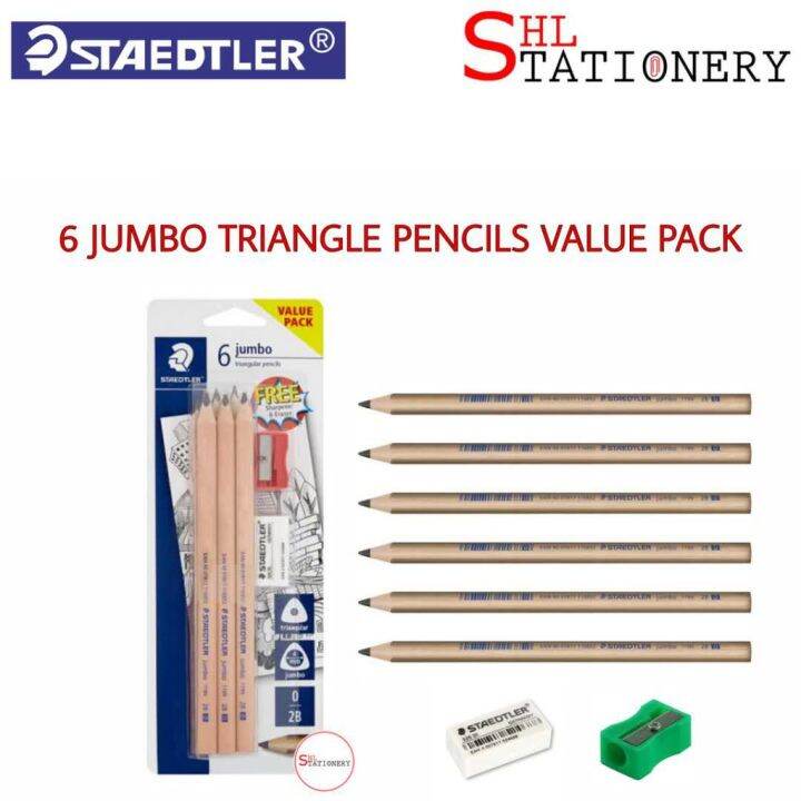 STAEDTLER 6 Jumbo 4mm 2B Triangle Pencils Super Value Pack With Eraser ...
