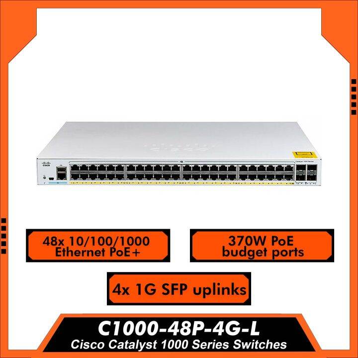 C1000-48P-4G-L│Cisco Catalyst 1000 Series Switches│48x 10/100/1000 Ethernet PoE+│370W│PoE budget ...