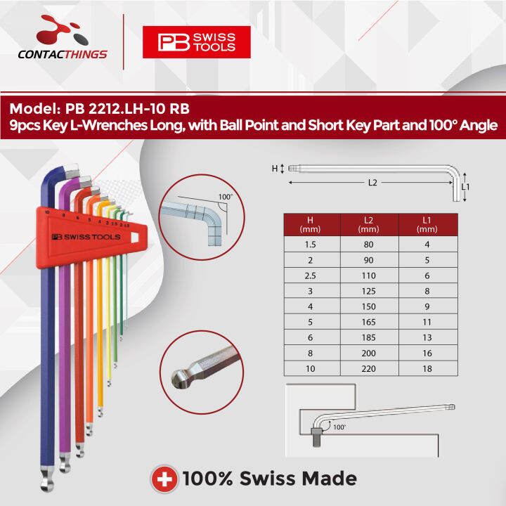 PB SWISS TOOLS 9pcs Hexagon Allen Key L-Wrench Set, Long Handle and Short Arm (Ball Point) (mm ...