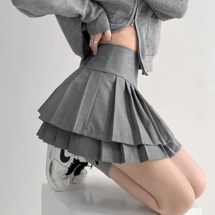 Houzhou Preppy Style Double Pleated Skirt Women Korean Skort Summer