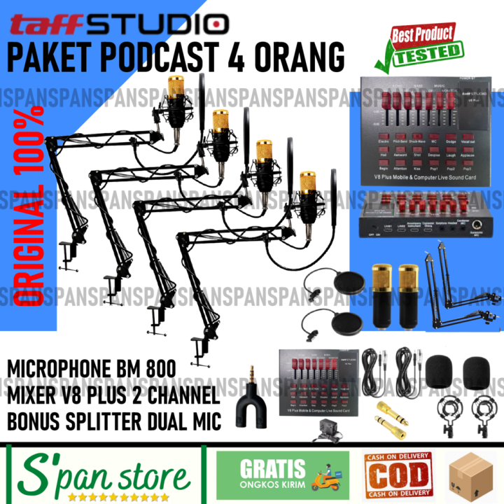 PAKET PODCAST 4 Orang Mic Microphone Bm 800 Mixer V8U V8 Plus Lengkap ...