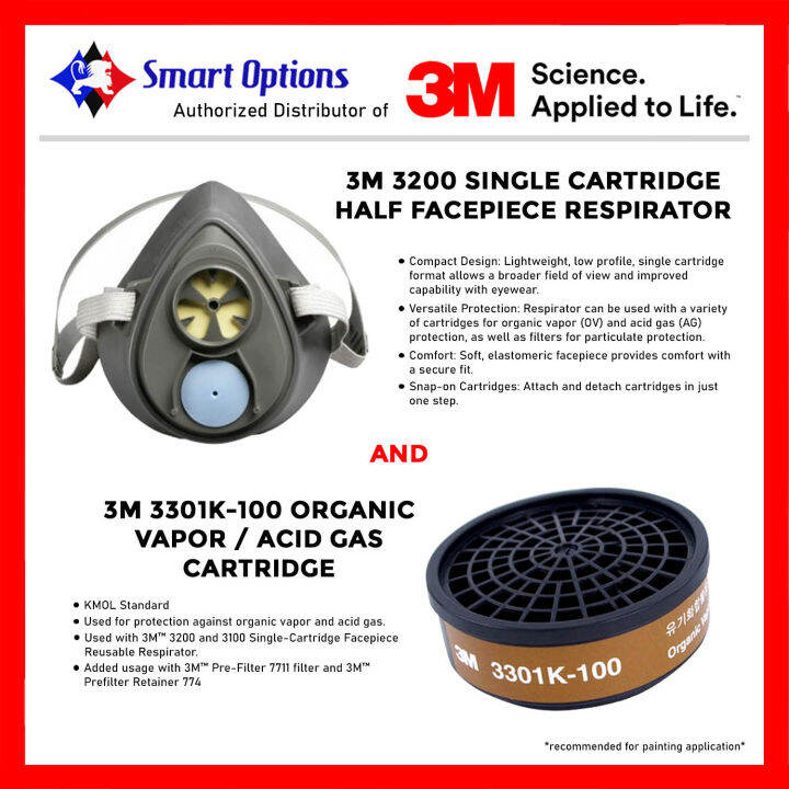 3M 3200 Single Cartridge Half Facepiece Reusable Respirator and 3M 3301k-100 Organic Vapor ...