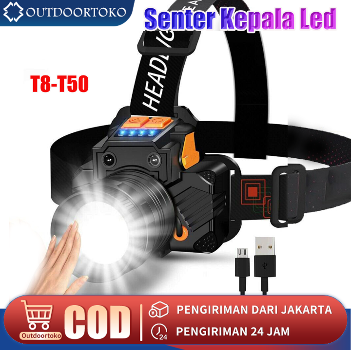 lampu senter super terang T8 rechargeable headlamp Lampu depan Super terang baterai bawaan18650 ...