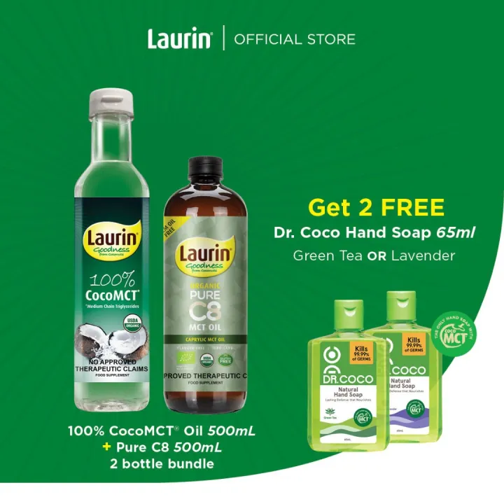 Laurin Pure C8 MCT Oil 500mL & Laurin 100% Coco MCT 500mL with 2 FREE DR. COCO HAND SOAP 65mL ...