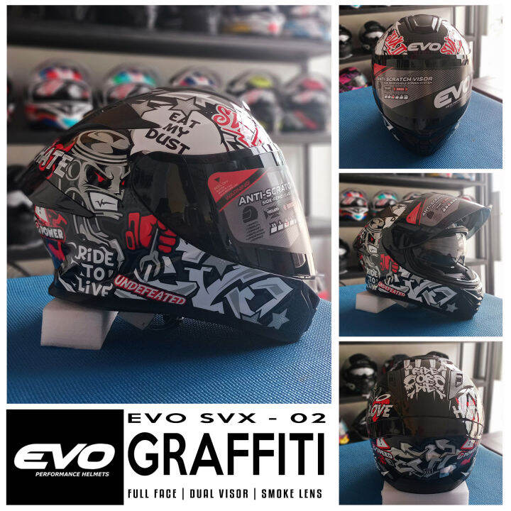 EVO SVX-02 Graffiti Black Full Face Dual Visor Helmet with Free Extra ...