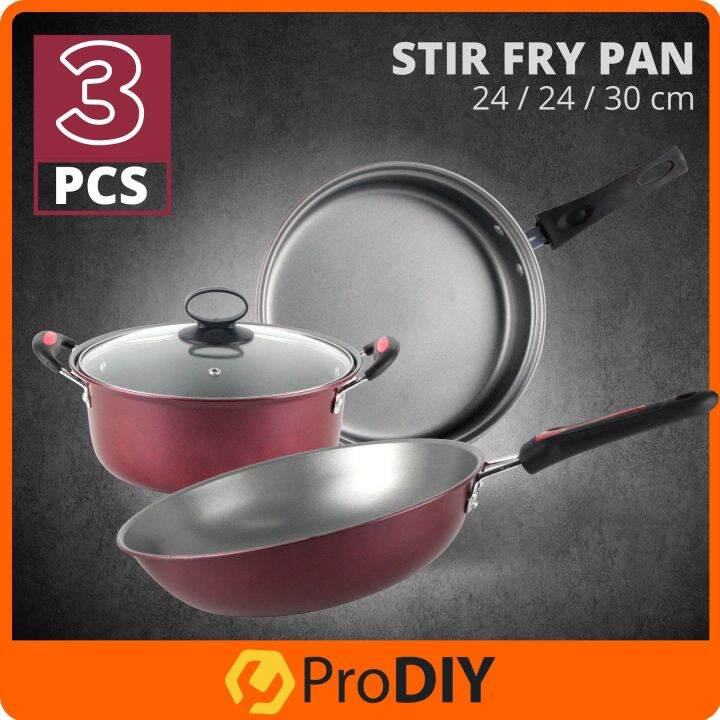 3PCS 30cm, 24cm, 24cm Stir Fry Pan Set Cookware Frying Pan Soup Wok ...