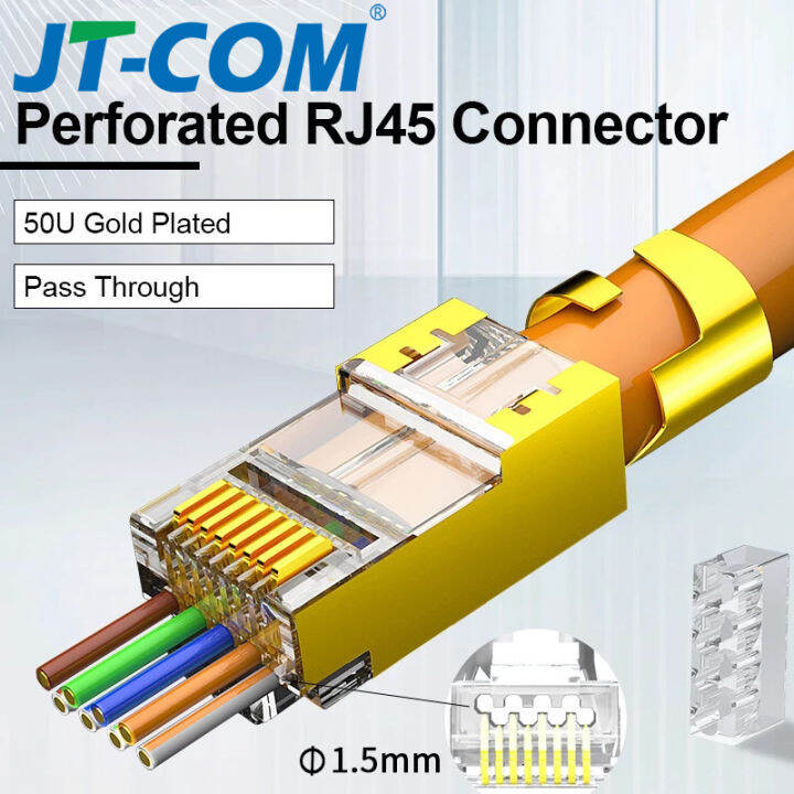 JT-COM 10/50/100pcs CAT5E CAT6 CAT7 Plug RJ45 Connector 50U Gold Plated ...