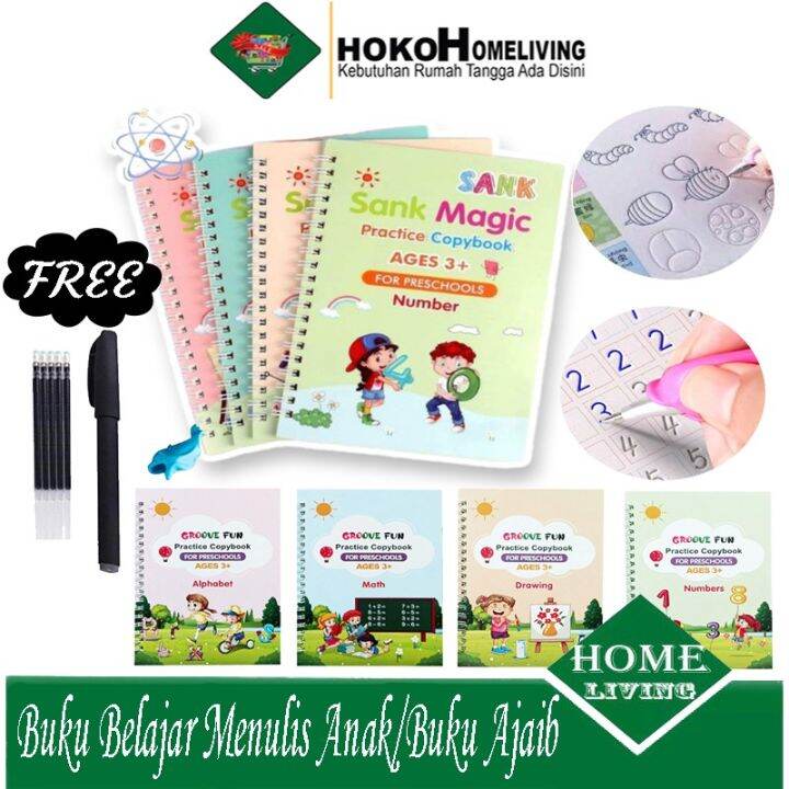 HOKO SANK MAGIC Pratice Book 1 Set Isi 4 Buku dan Pulpen / Buku Belajar Menulis Huruf dan Angka ...
