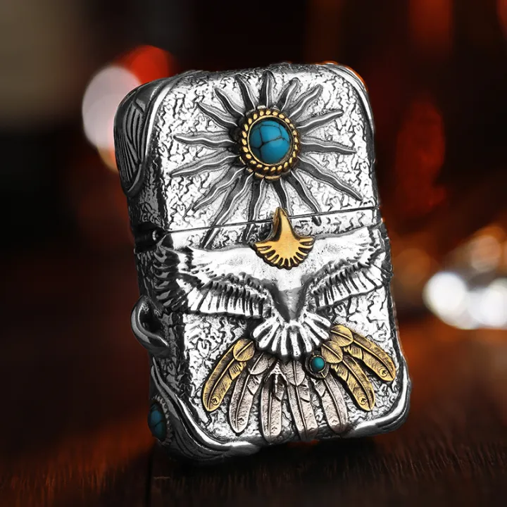 Zippo lighter official genuine sterling silver hot sun eagle-sapphire ...