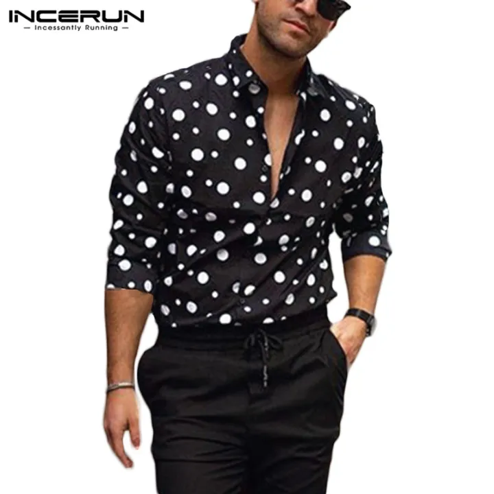 ∈┅ zebraa INCERUN Polka Dot Mens Retro Long Sleeve Down Shirt Tee | Lazada PH