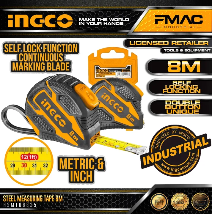 INGCO Industrial Steel Measuring Tape 8 Meters 8 M X 25 MM HSMT08825 ...