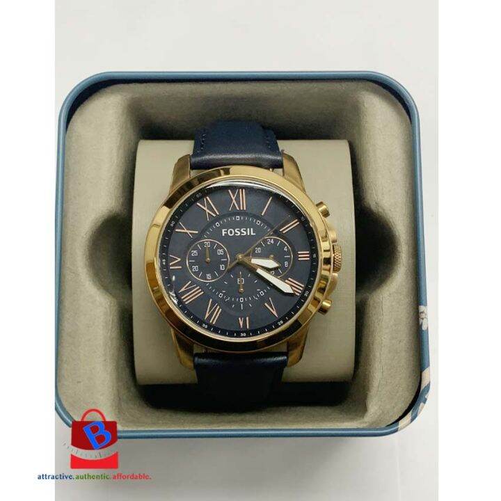 Fossil FS4835IE Grant Chronograph Navy Leather Watch | Lazada
