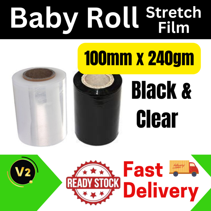 V2 Baby Roll Mini Stretch Film 100mm Black & Clear Parcel Wrapping Film ...