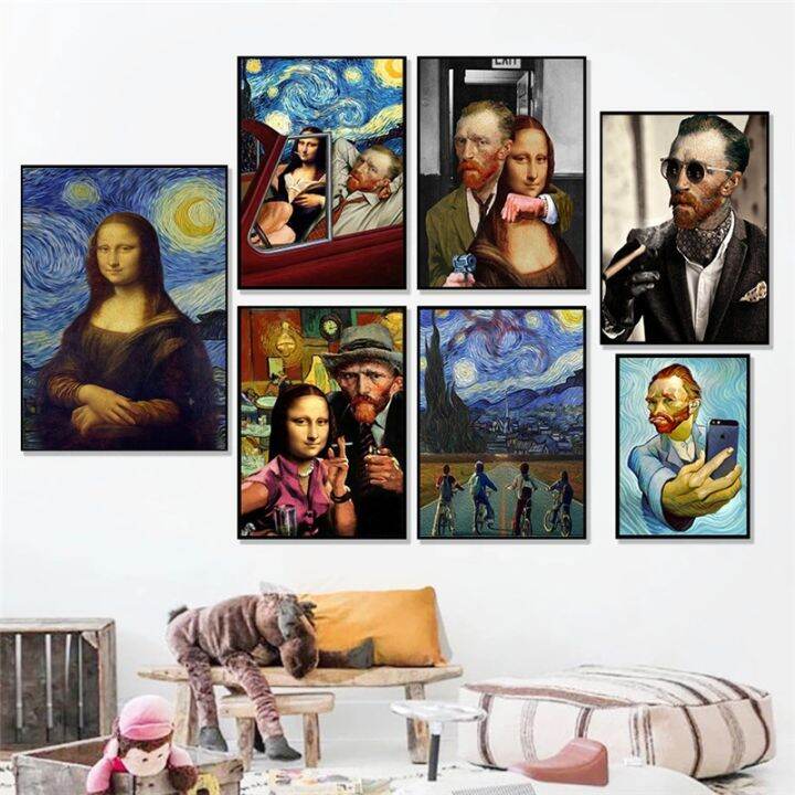 Funny Character Canvas Paintings Blue Starry Van Gogh Driving and Mona ...