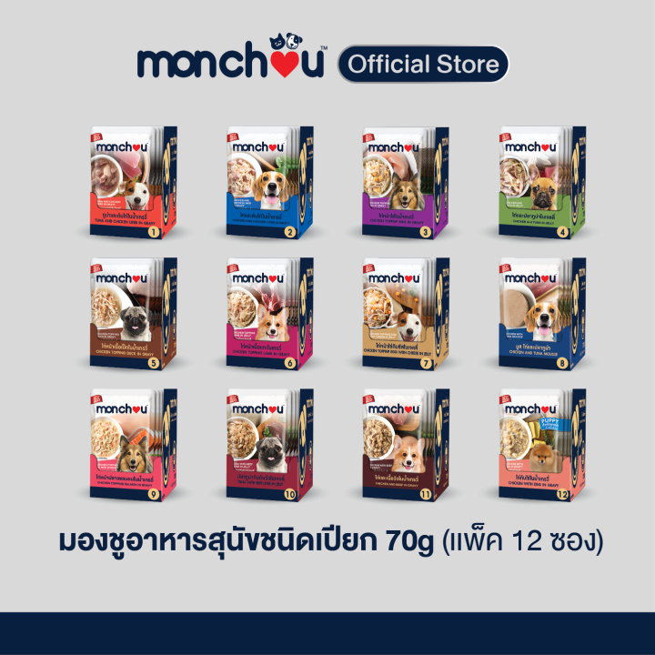 ยกโหล Monchou มองชู อาหารสุนัขชนิดเปียกบรรจุซอง ขนาด 70g 12 รสชาติ แพ็ค 12 ซอง | Lazada.co.th