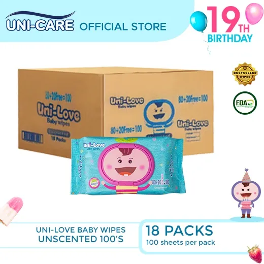 UniLove Unscented Baby Wipes 100's Pack of 18 (1 Case) | Lazada PH