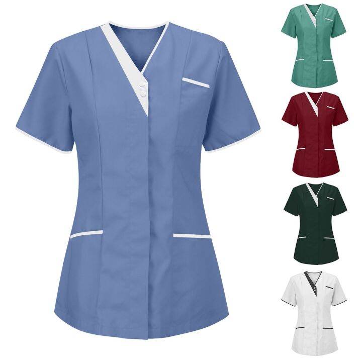 Hospital Nursing Uniform Women Scrubs Tops Solid Color Short Sleeve