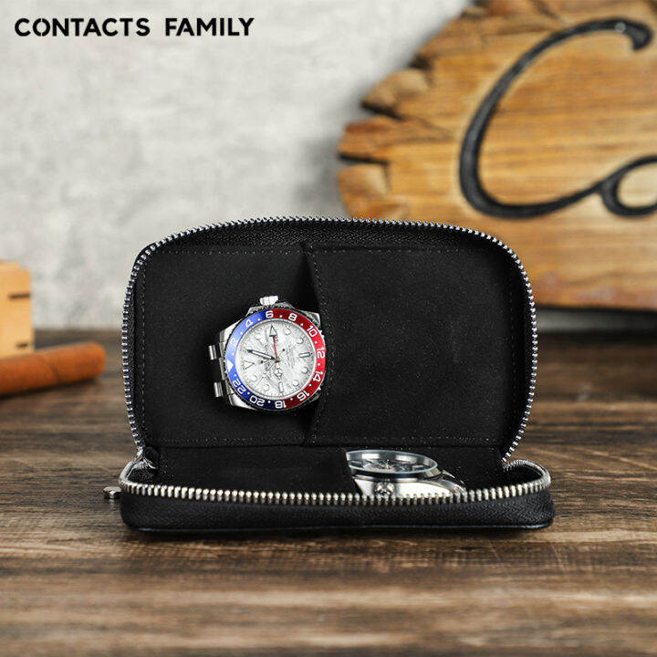 CONTACTS FAMILY Double Watch Case Bag Holder Vintage Genuine Leather ...