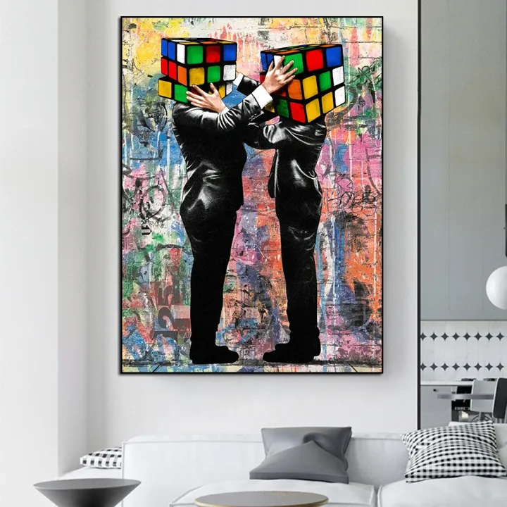 Modern Abstract Rubik's Cube Face Portrait Canvas Painting Street ...