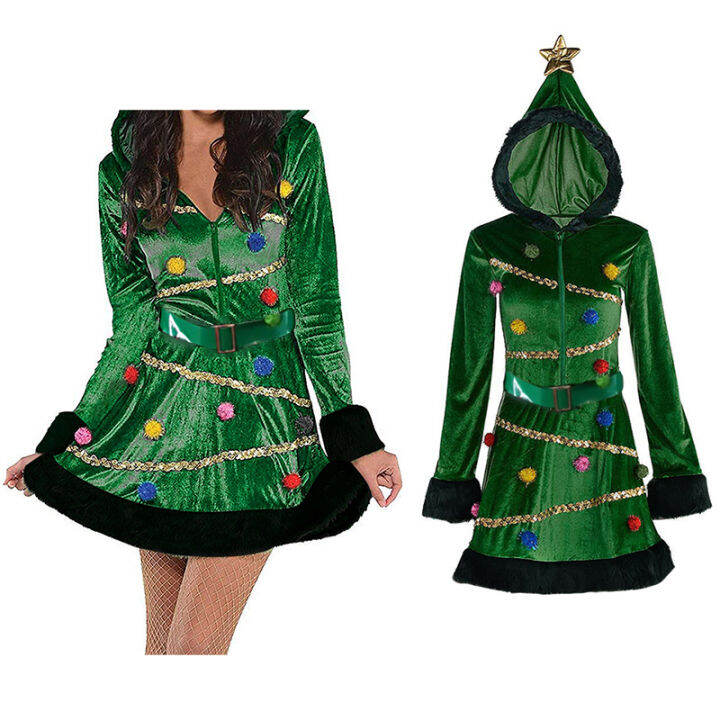 lily'sshop Women Christmas Tree Dress, Adult Hooded Sequin Fancy ...