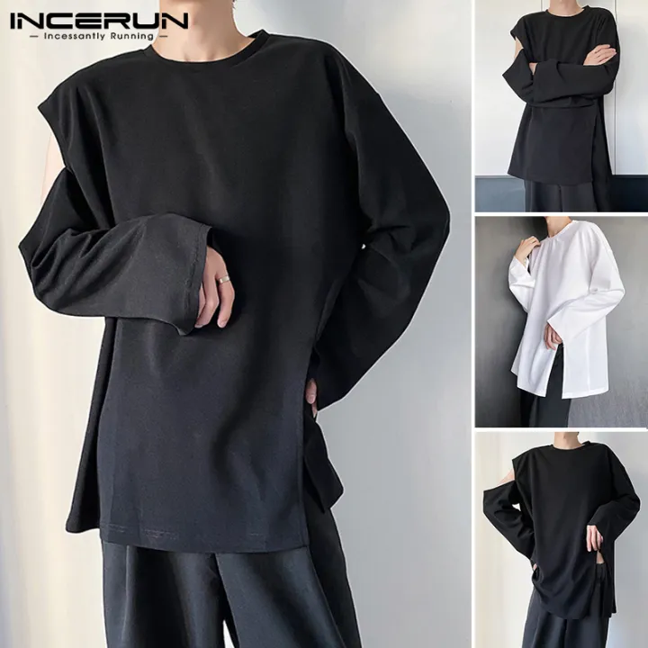 Beehoo INCERUN แขนยาวสำหรับผู้ชายเย็นไหล่เสื้อเสื้อยืดคอกลมหลวม Fit ...