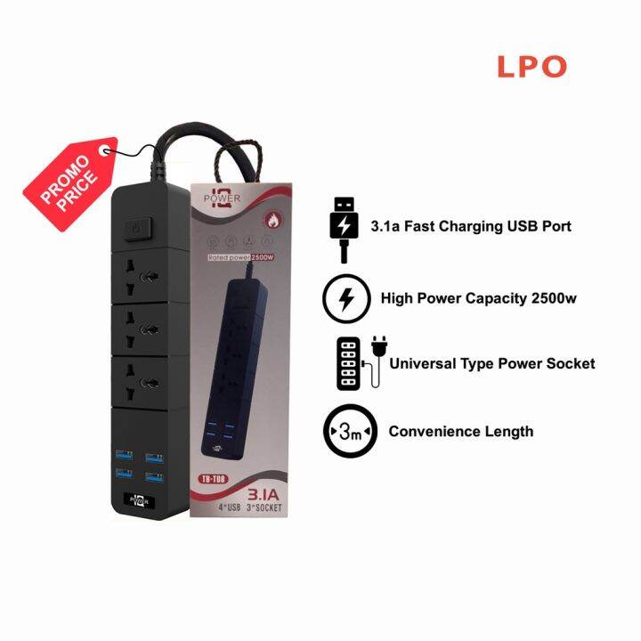 ♔Power strip 3 socket extension cord 2500 watts with 4 usb port 3.1a TB ...