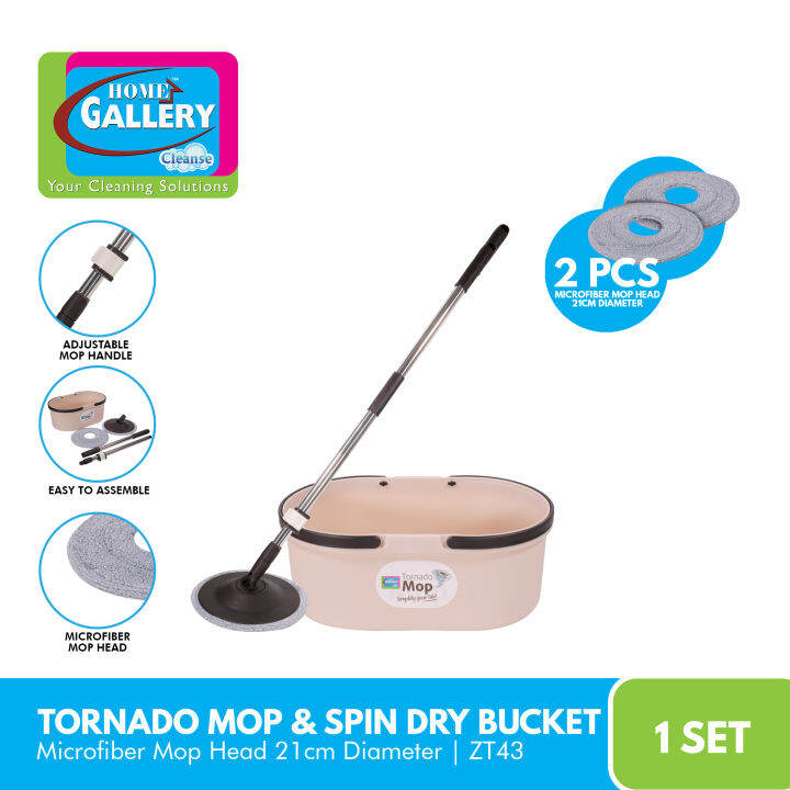 Home Gallery Tornado Mop & Spin Dry Bucket with 2 Microfiber Mop Head ...