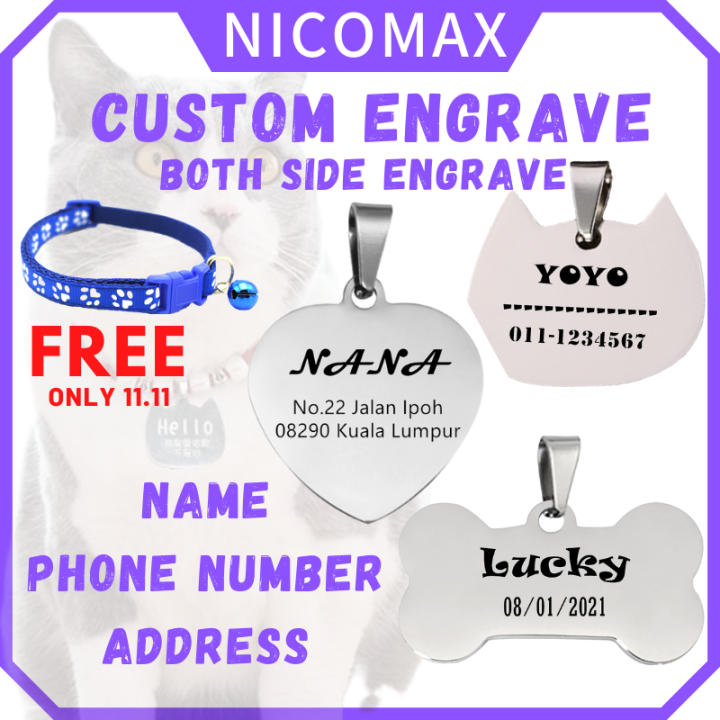 Custom Engrave Dog Cat Name Tag Kucing Pet ID Tag Stainless steel Free ...
