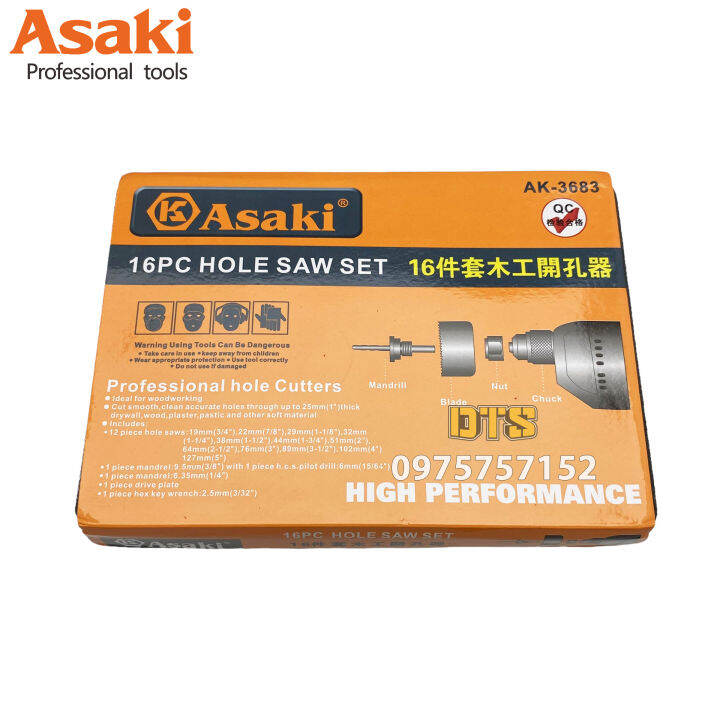 Bộ 12 mũi khoan khoét lỗ tròn thạch cao gỗ Ø19-127mm hãng Asaki AK-3683, bộ khoét lỗ trần thạch ...