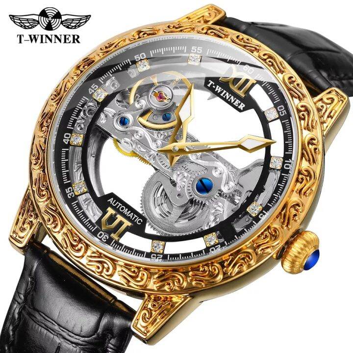 New WINNER Brand Gold Transparent Watch Luxury Mens Leather Skeleton ...