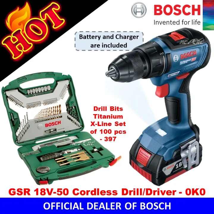 Bosch GSR 18V-50 Cordless Drill/Driver (0K0) with Bosch Drill Bits ...