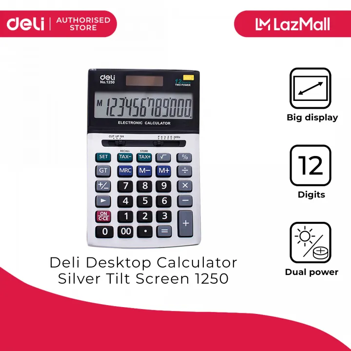 Deli Calculator Calculator 12 Digits Desktop Silver Tilt Screen 1250 ...