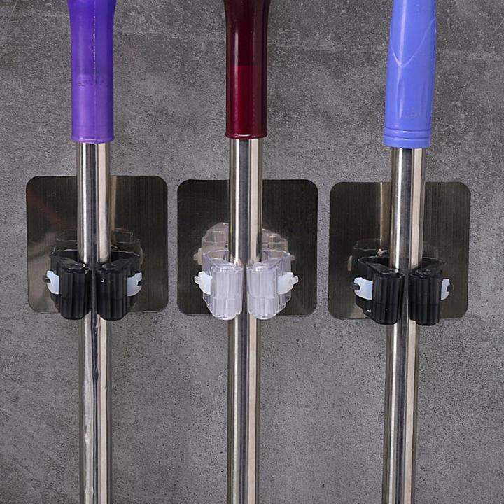 DA[In stock]Home Mop Rack No Punching Adhesive Double Hooks Rack ...