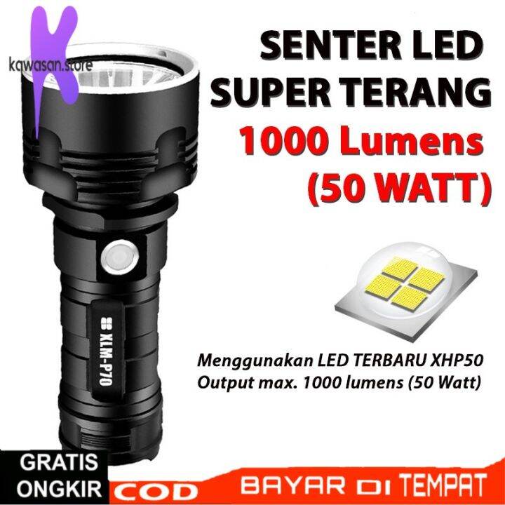 Senter SUPER TERANG LED P70 XHP50 Rechargeable 50W 1000 Lumens Murah ...