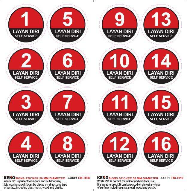 TABLE NUMBERS WITH SELF SERVICE, LAYAN DIRI SIGNS, NUMBER FROM 1 TO 16 ...