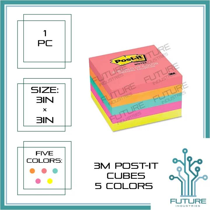 3M Post it "Cubes" 5 Neon Colors in One 654-5PK: 76MM X 76MM (3IN x 3IN ...