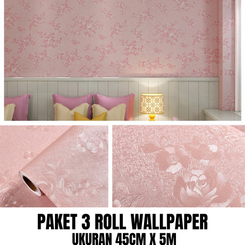 Paket 3 Roll Wallpaper Sticker Dinding Bunga Pink Embos Premium Pvc ...