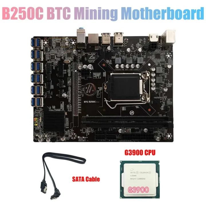 BTC B250C Mining Motherboard with G3900 CPU+SATA Cable 12XPCIE to USB3 ...