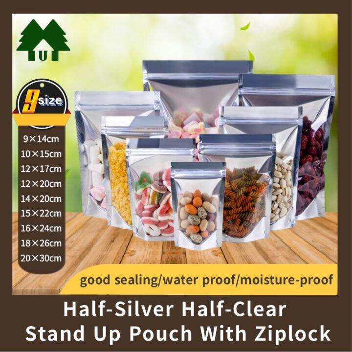 50-100 pcs Half Silver-Half Clear Stand Up Pouch with ZipLock Packaging Ziplock Resealable ...