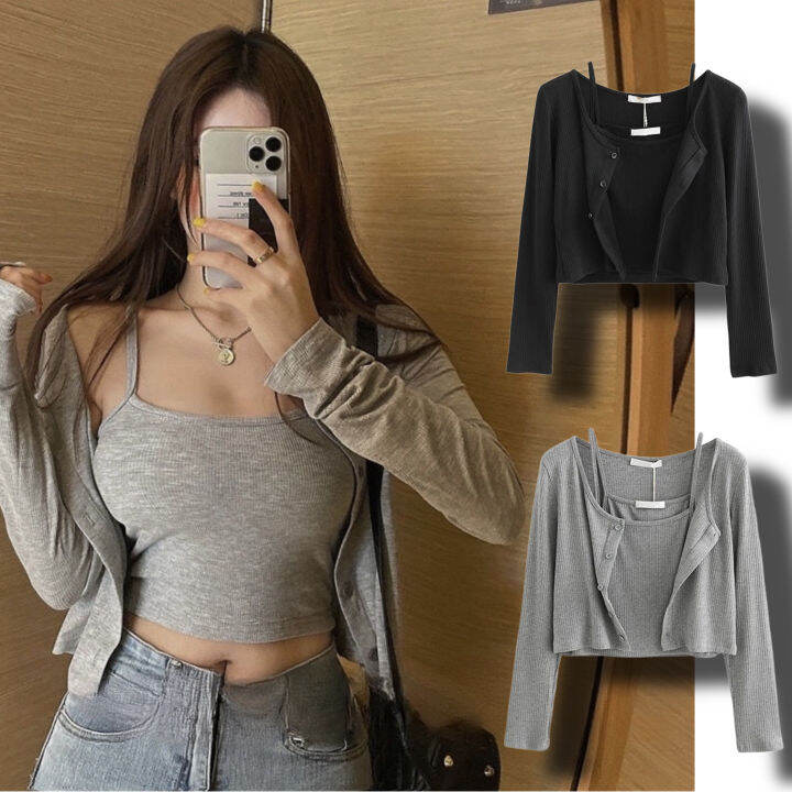 K Store 2in1 Set Knit Cardigan Sweater Tank Camisole Coat Long Sleeved