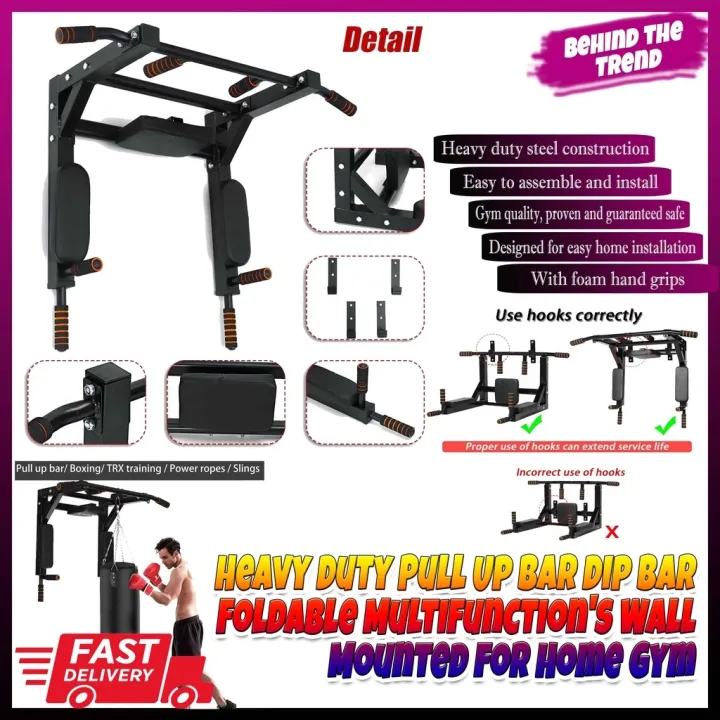 Heavy Duty Pull Up Bar Dip Bar Foldable Multifunction's Wall Mounted ...