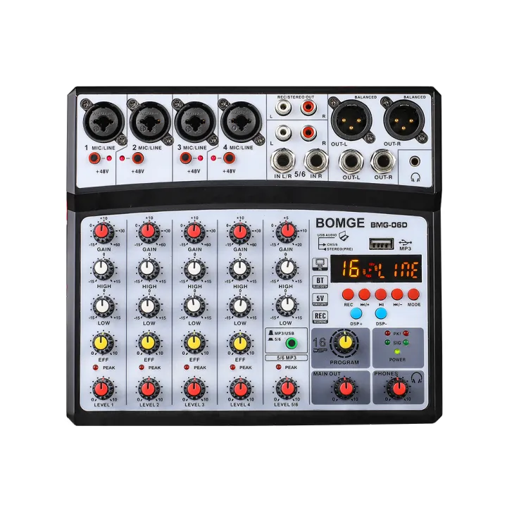 BOMGE 6 channel dj audio mixer with MP3 USB Bluetooth, stereo record, 48V phantom power, 5V ...