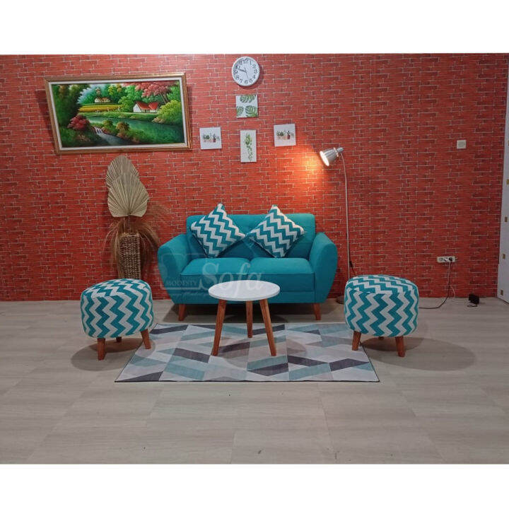 Sofa Ruang Tamu Modesty 2 Seater Retro Mini Standart + 2 Stool Bulat ...