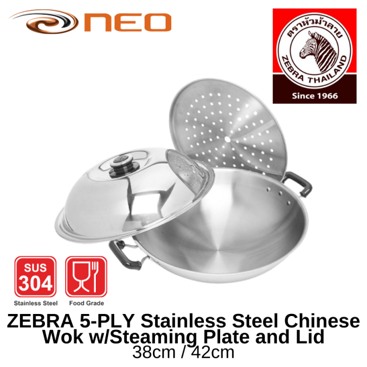 ZEBRA 5-PLY Stainless Steel Chinese Wok w/Steaming Plate and Lid 38cm ...