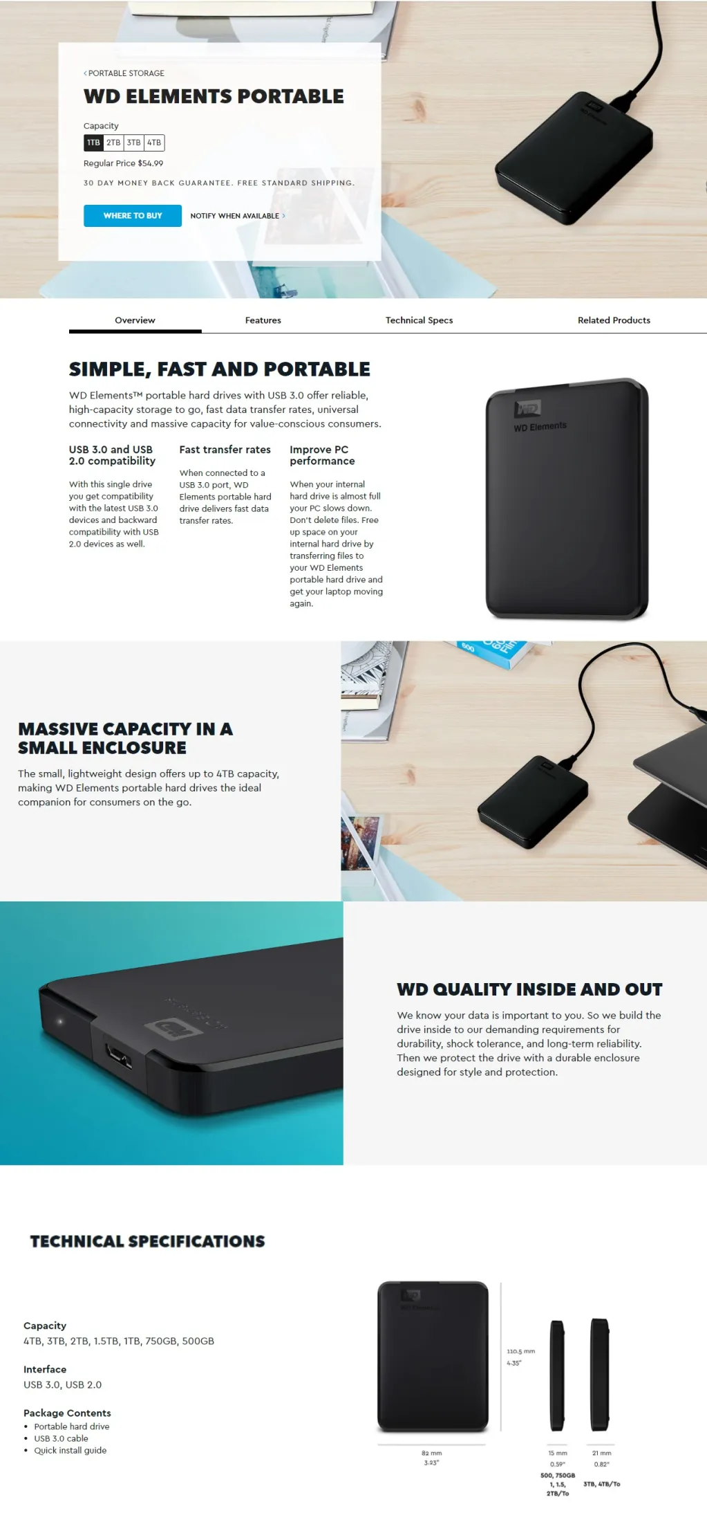 WD Elements 1TB 2TB Portable External Hard Drive (WDBUZG0010BBK-WESN ...